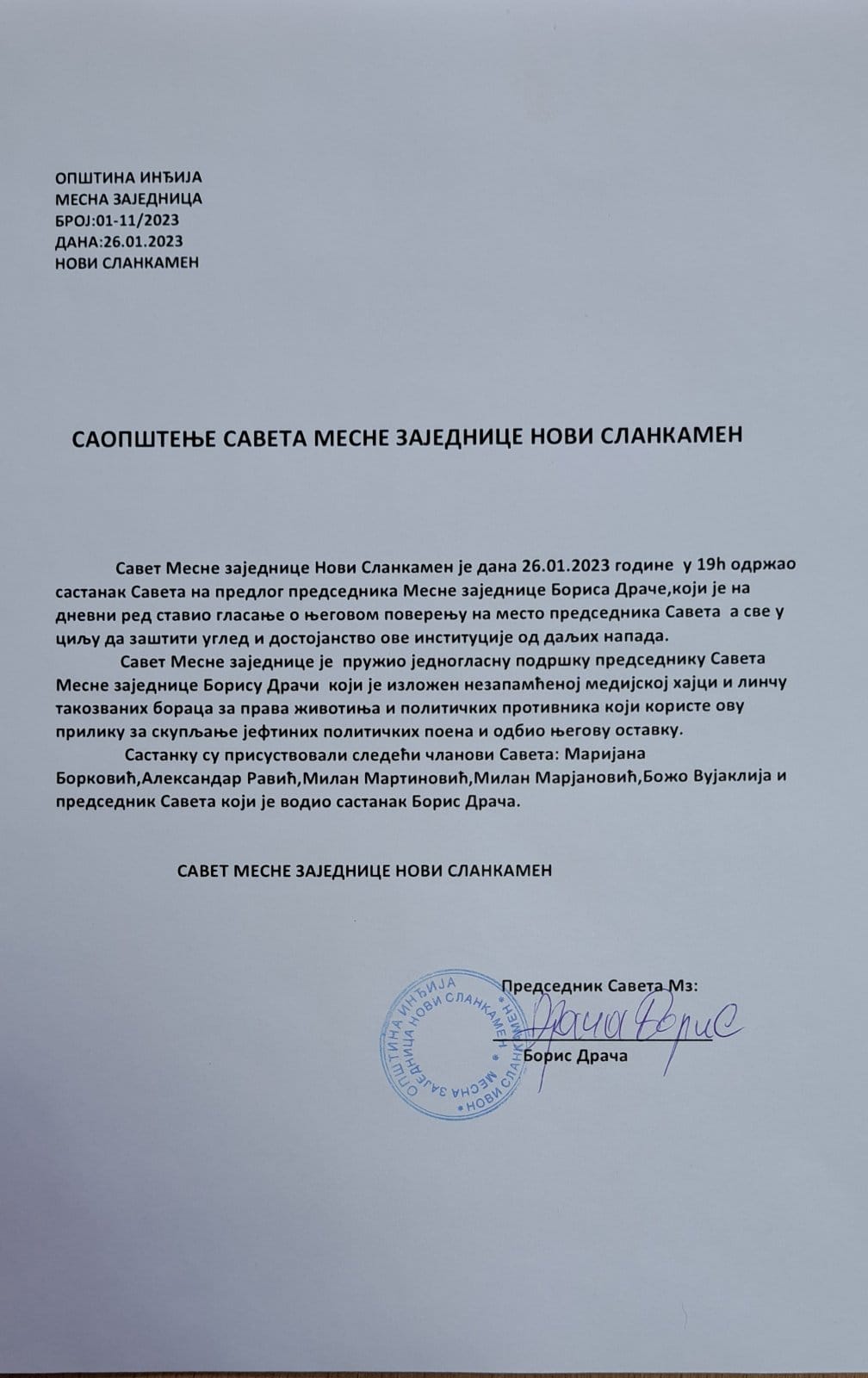 Odbijena ostavka predsedniku MZ Novi Slankamen i pružena mu jednoglasna ...